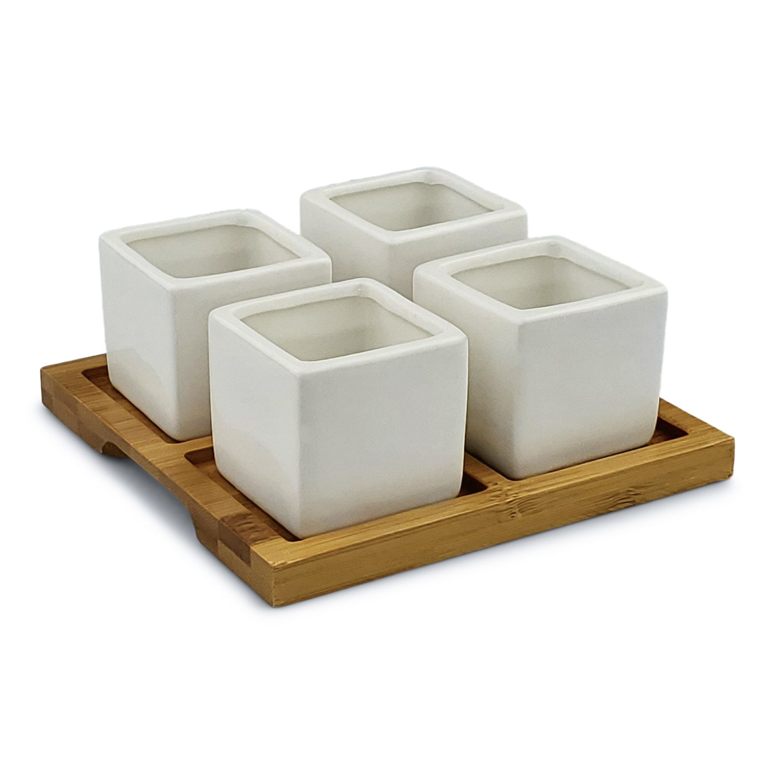 4 Ceramic Pots With Bamboo Tray Square Pots Flower Pots | Etsy