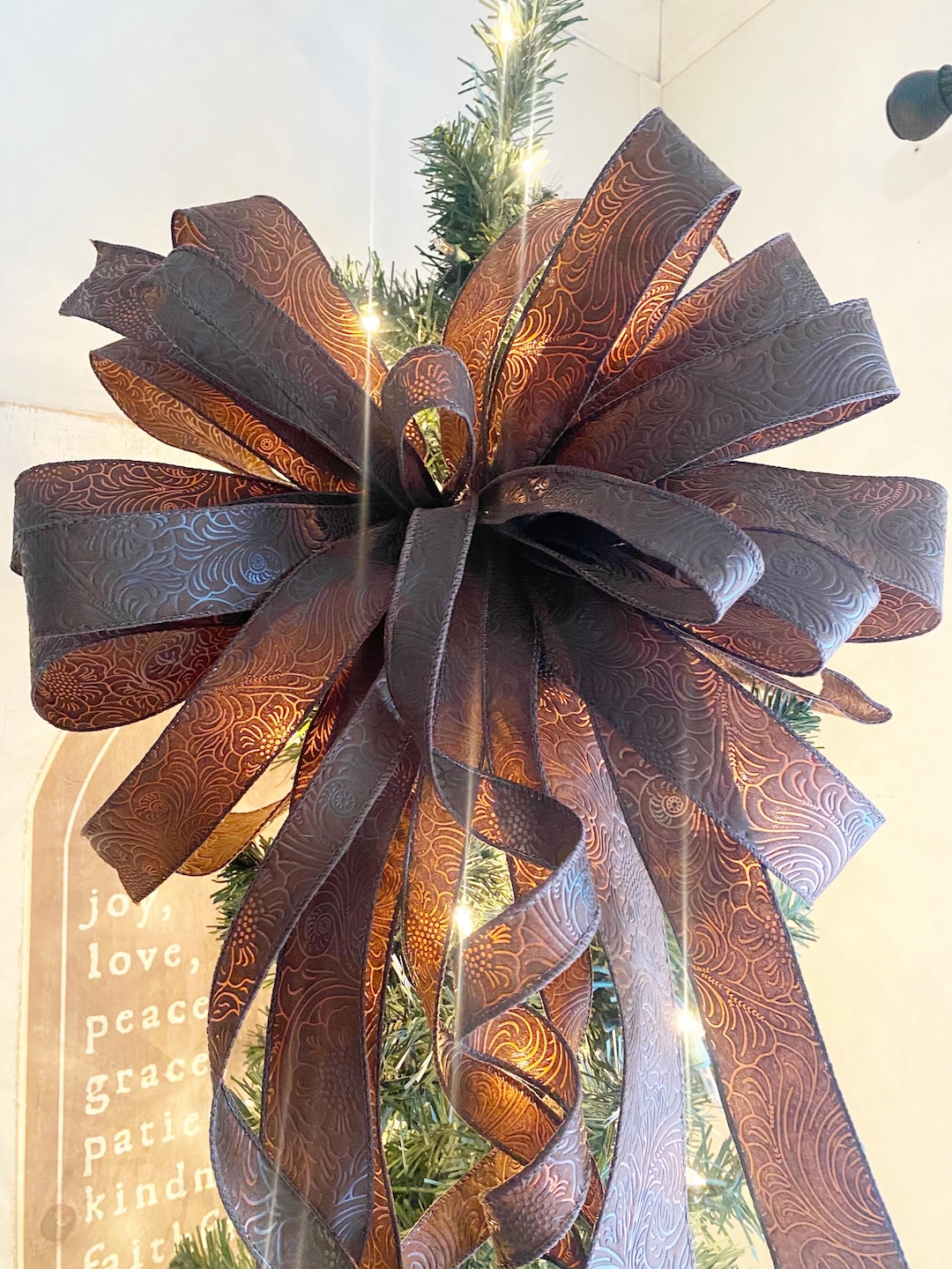 Brown Tree Topper Bow, Western Bow, Brown Faux Leather Bow, Wreath Bow ...
