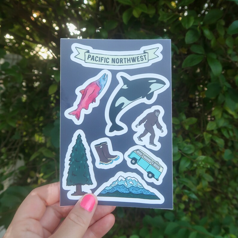 Pacific Northwest Vinyl Sticker Sheet Featuring Salmon, VW Bus ...