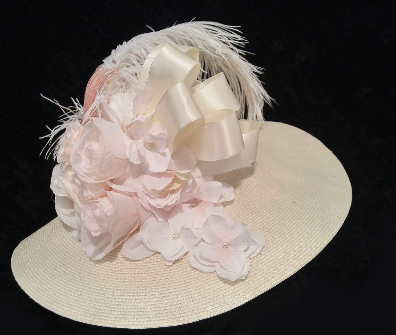 White and Pink Tea Party Hat, Fancy Kentucky Derby Hat, Wedding Guest ...