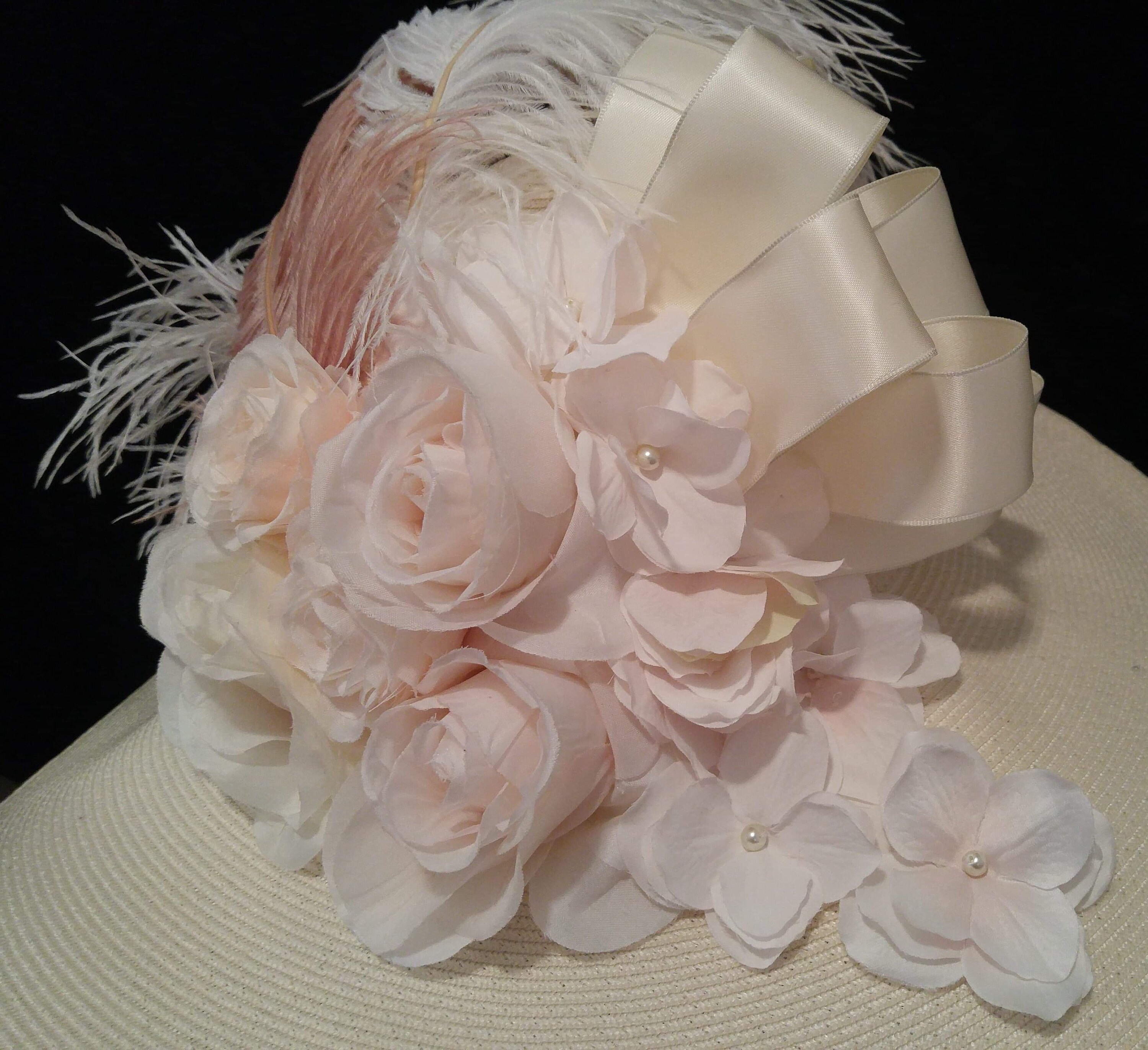 White and Pink Tea Party Hat, Fancy Kentucky Derby Hat, Wedding Guest ...