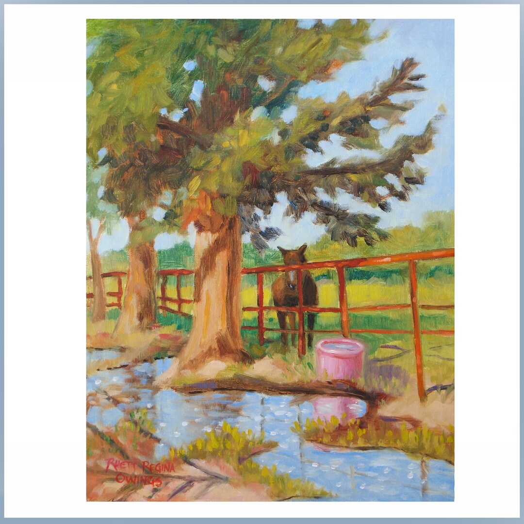 PAINTING ~ "the Pink Water Bucket", Horse Painting, CA Landscape, Trees ...