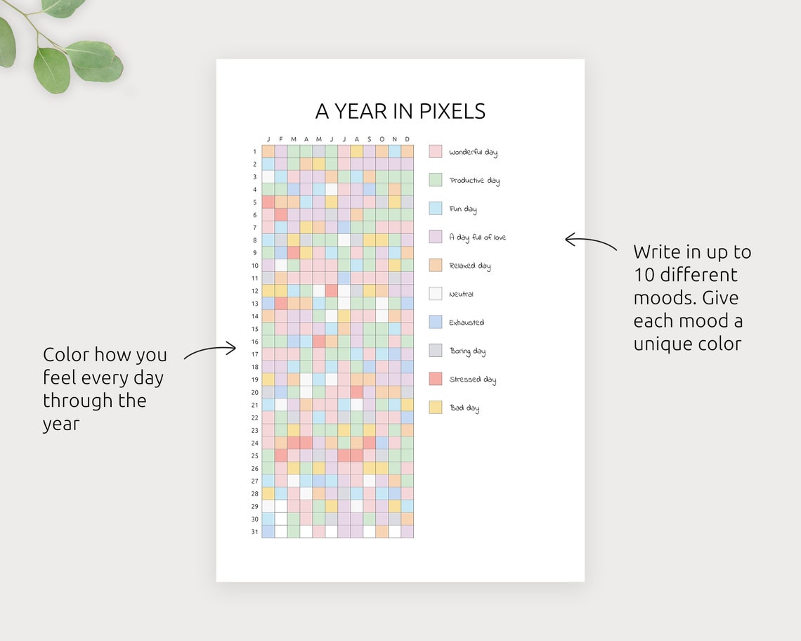 A Year in Pixels Printable Yearly Mood Tracker Year in Pixels Template ...