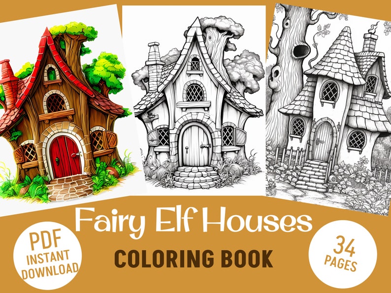 34 Fairy Tale Elf Houses Grayscale Coloring Book - Adults Kids Pages ...