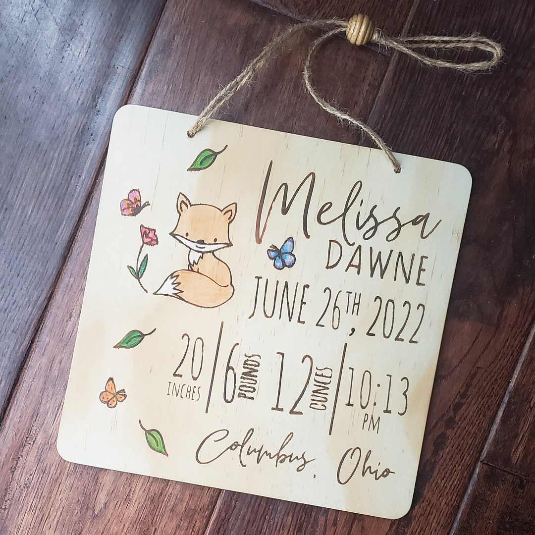 Birth Stats Sign or Name Plaque | Wood Burn Hand Painted Wall Hanging ...