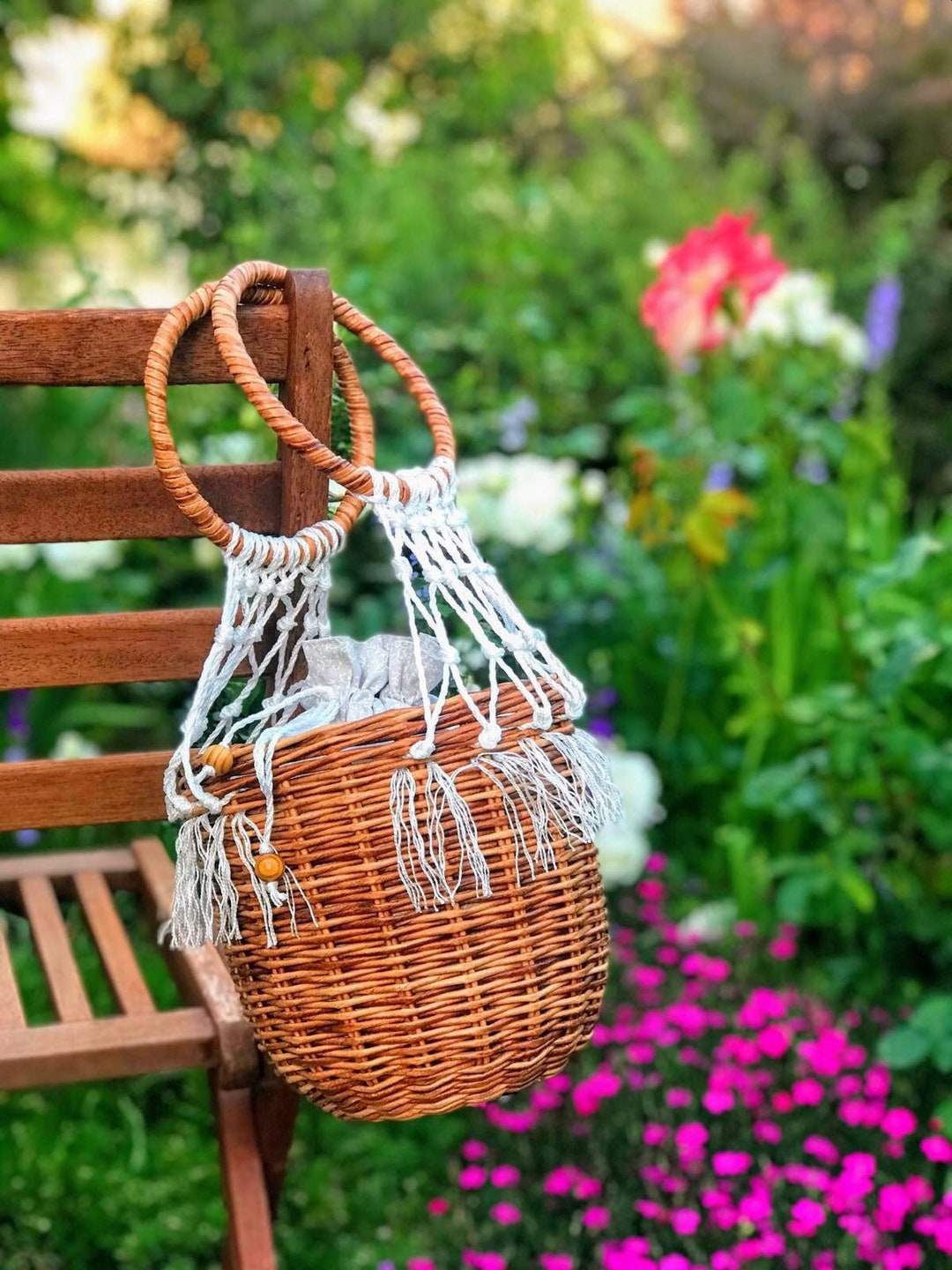 Wicker Bucket Bag With Macrame Designs - Etsy