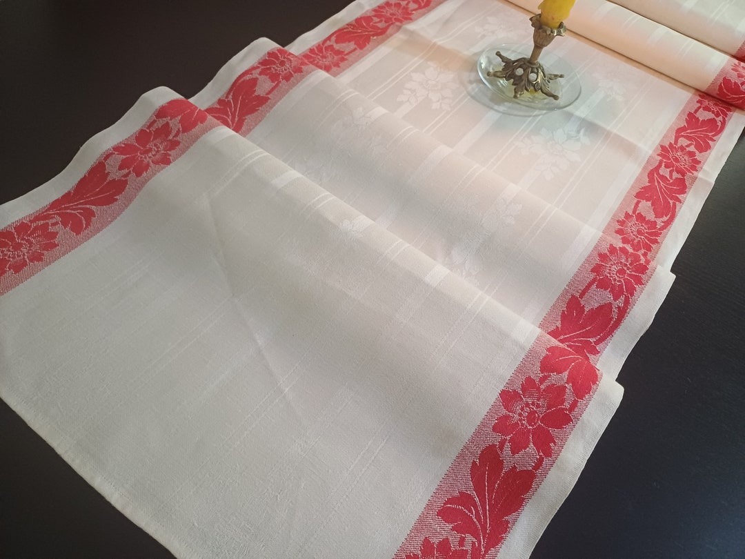 Unused French Damask Table Runner in Red and Cream Jacquard Weave ...