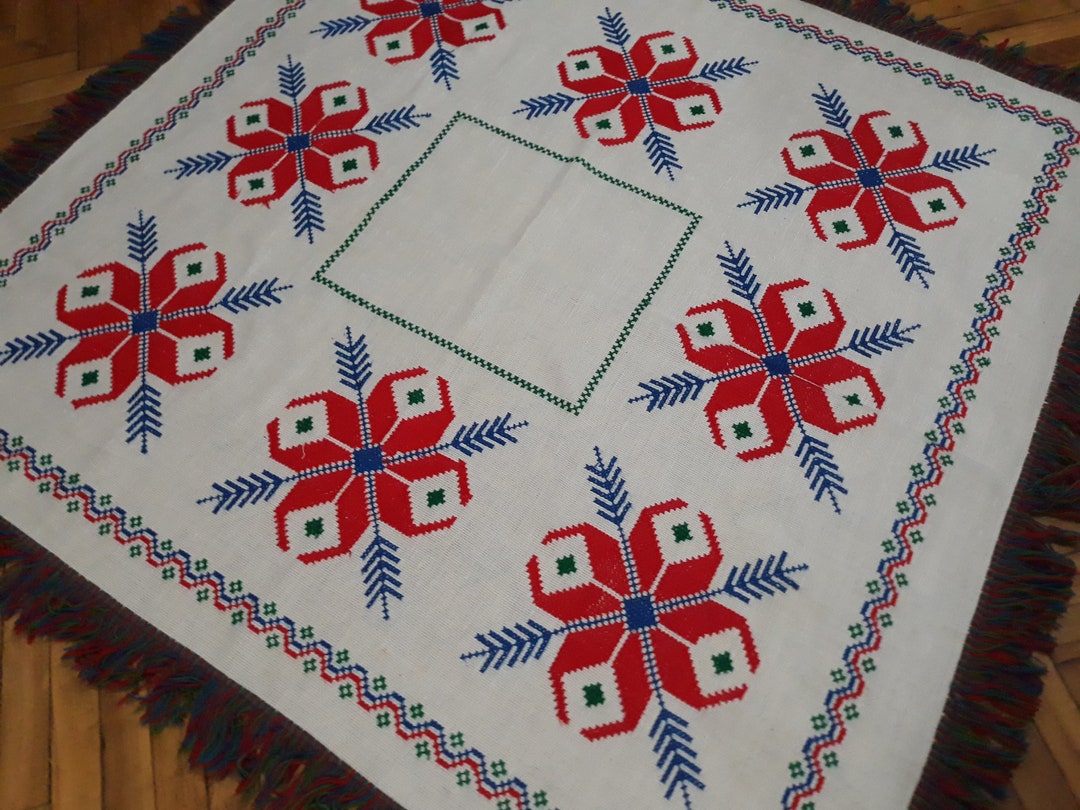 Cross Stitch Embroidery Square Tablecloth With Multicolor Tassels ...