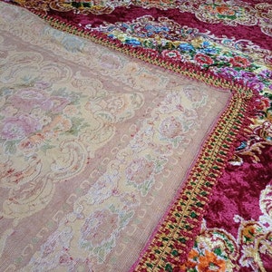 Vintage Red Velvet Bed Cover, Retro Large Shiny Fringed Floral Tapestry ...