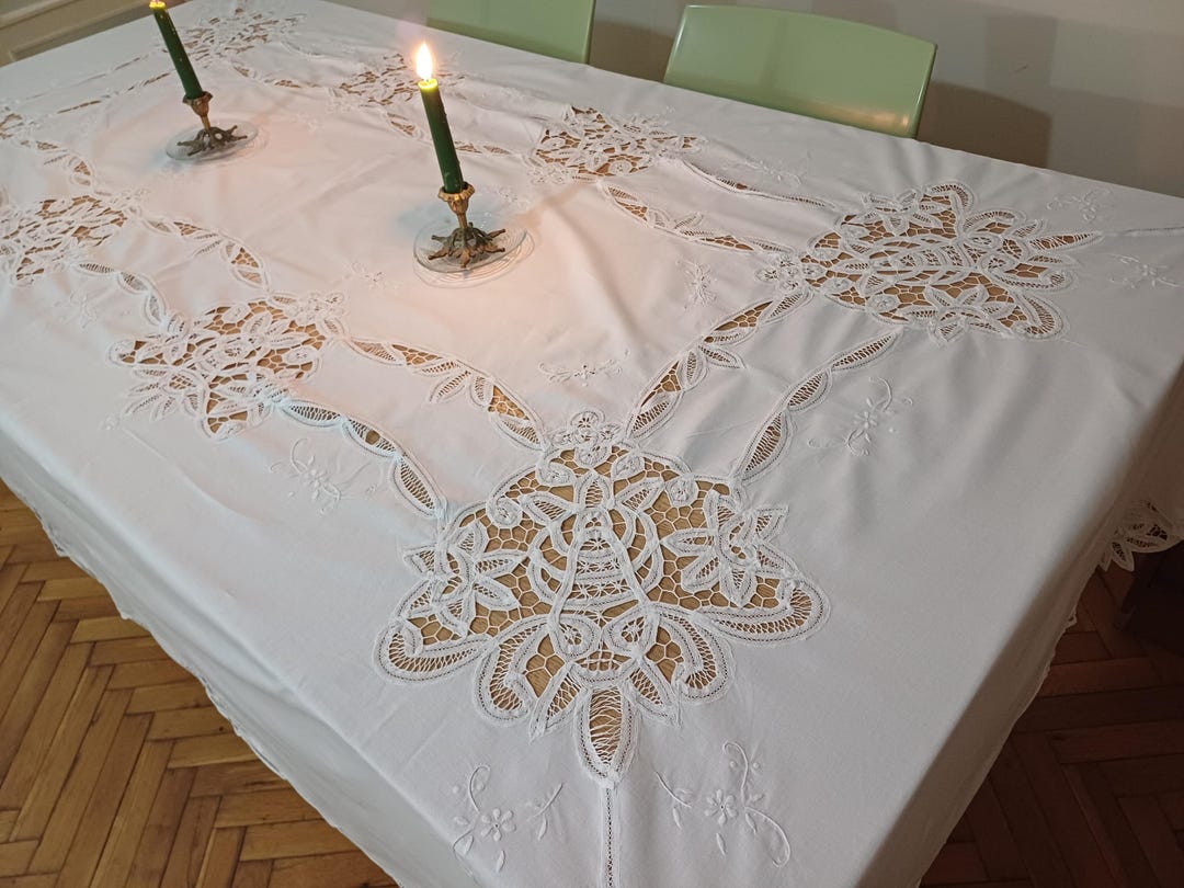 Brussels Lace Embroidery Table Linen, Large Embroidered White Cotton ...