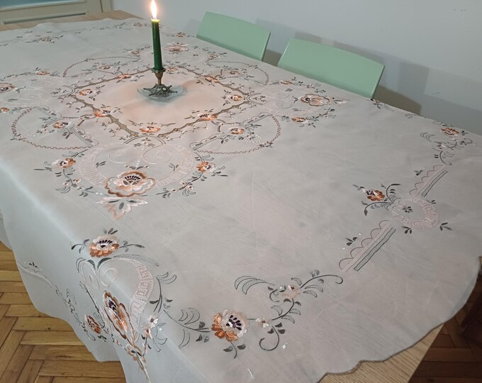Vintage Silk Organza 68 Inch Round Hand Embroidered Tablecloth, Flower and Rose Embroidery Large ...
