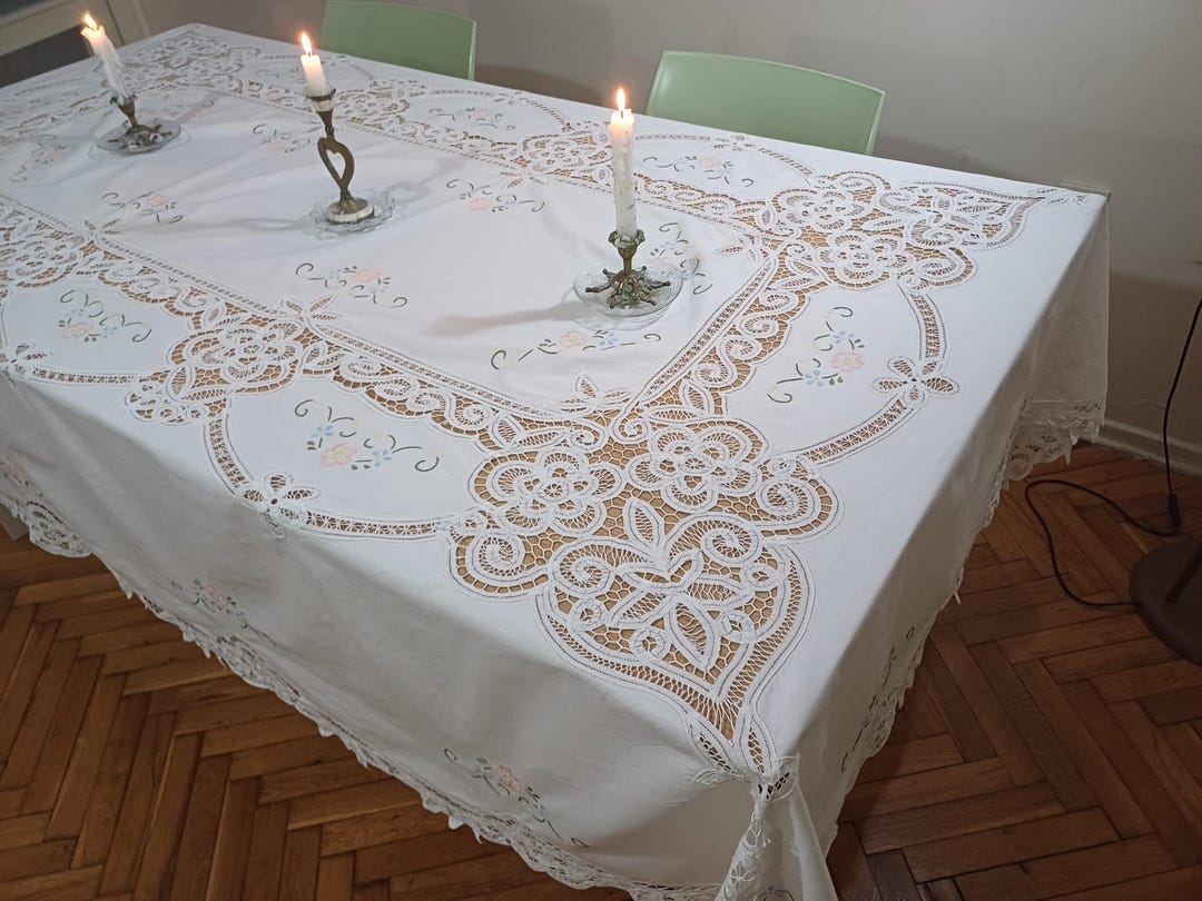 Battenburg Lace White Cotton Tablecloth With Floral Embroidery ...