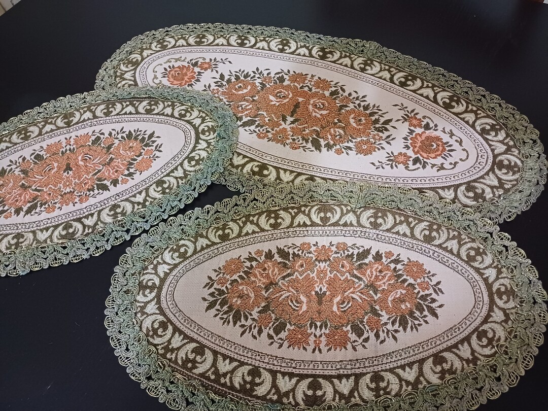 3 Unused Vintage Belgium Brocade Table Runners With Green Metallic Trim ...