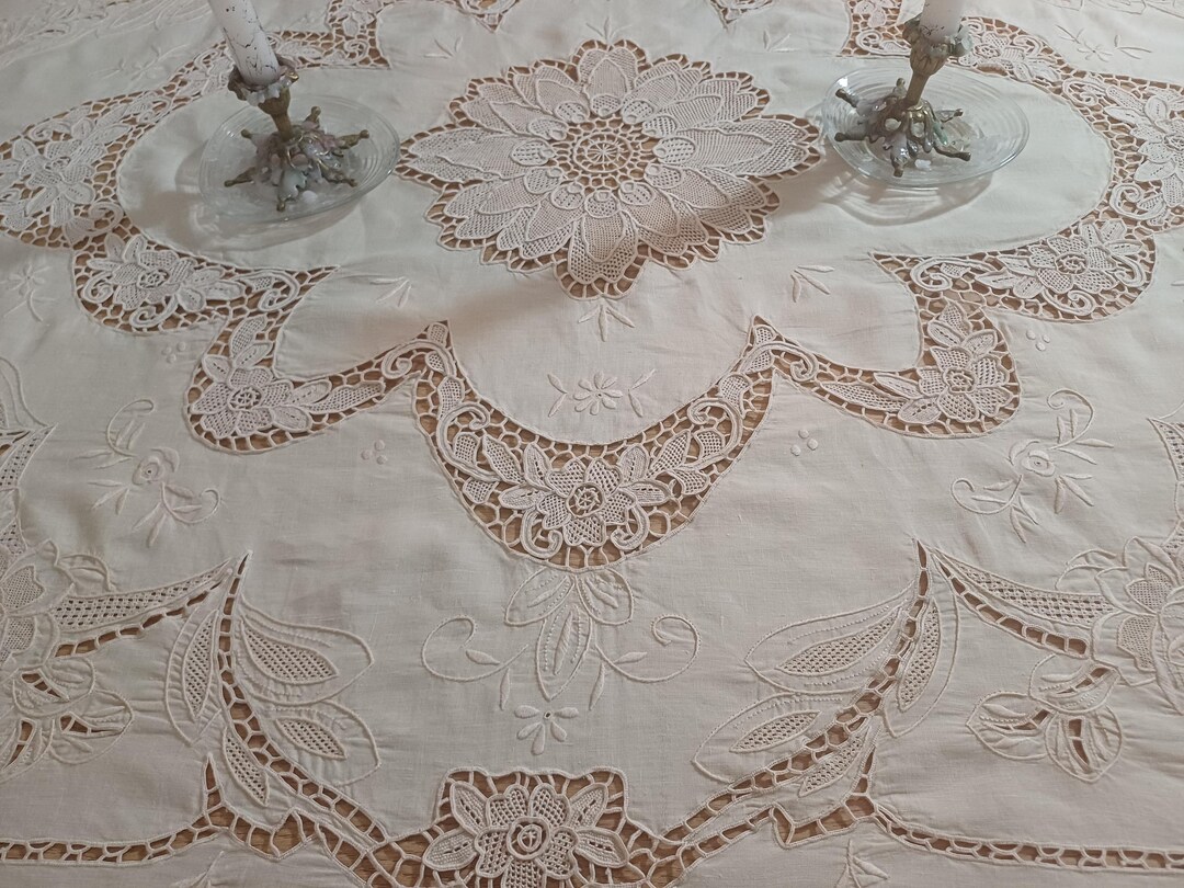 Extra Large Italian Lace Cream Linen Tablecloth With Madeira Embroidery ...