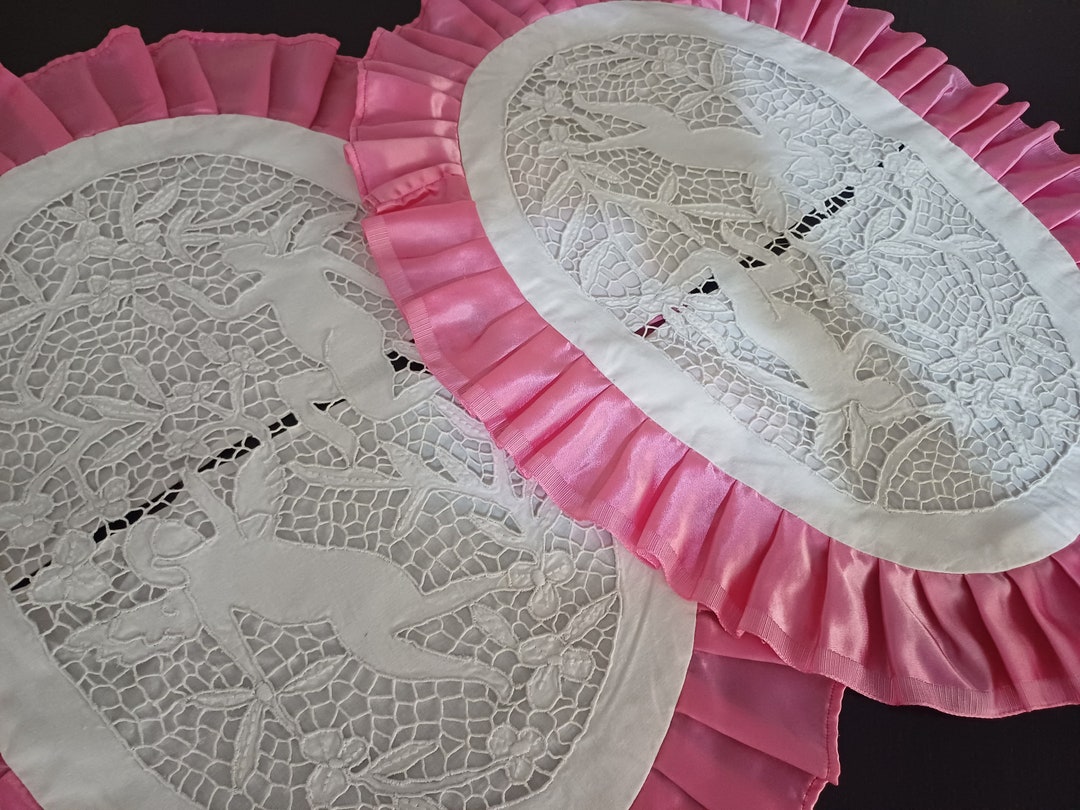 A Pair Unused Oval Cherub White Cutwork Pillowcase With Pink Ruffle ...