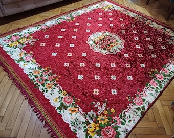 Vintage Floral Velvet Coverlet, Rustic Large Shiny Rose Tapestry ...