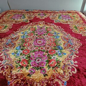 Vintage Red Velvet Bed Cover, Retro Large Shiny Fringed Floral Tapestry ...