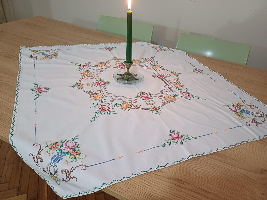 Pink Rose Cross Stitch Tea Tablecloth, Vintage Hand Embroidered off ...