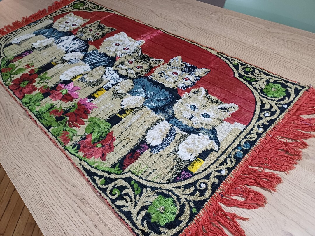 Vintage Velvet Kitty Cat Tapestry: Mid-century Animal Wall Art (47.2x21 ...