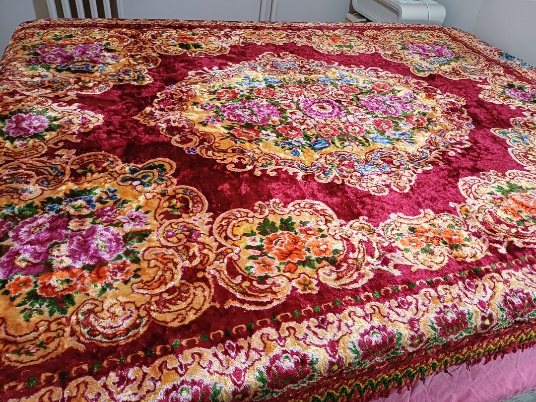 Vintage Red Velvet Bed Cover, Retro Large Shiny Fringed Floral Tapestry ...