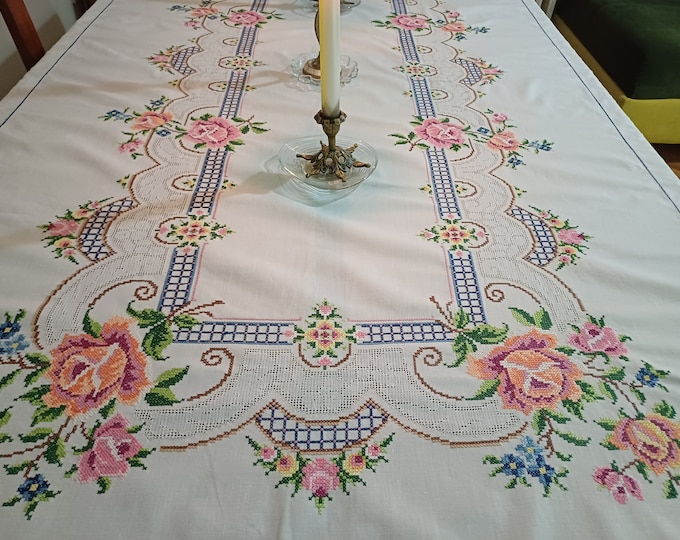 Vintage Cross Stitch Tablecloth, Handmade Rose and Flower Embroidery ...