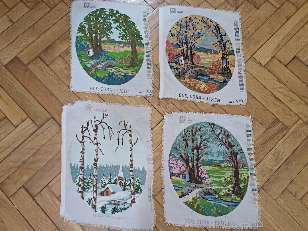 Completed Set of 4 Seasons Needlepoint Wall Art, Vintage Unframed Hand ...