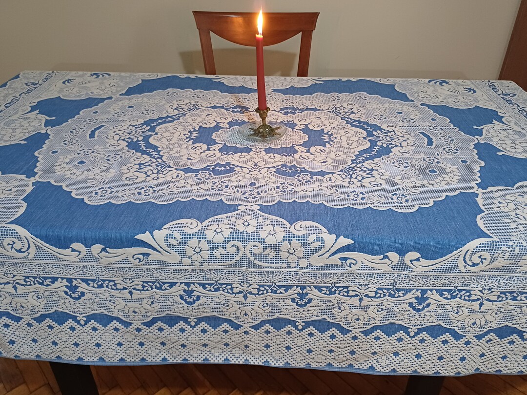 Blue White Cotton Damask Heavy Tablecloth or Blanket, Denim Tapestry ...