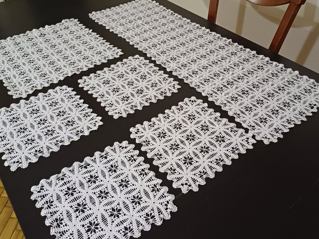 Crochet Table Runner With Matching 5 Doiles, 6 Pcs White Hand Crocheted ...