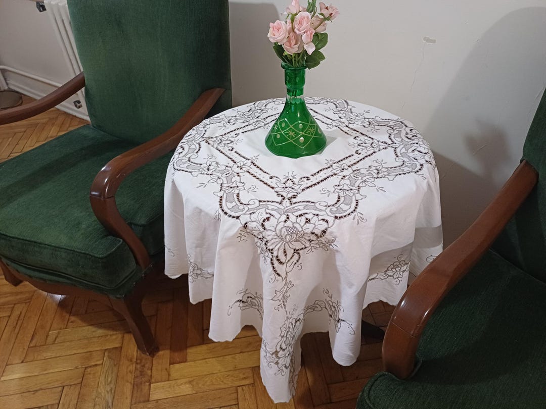 47 Inch Square Madeira Cutwork Embroidery Floral Cream Linen Tablecloth ...