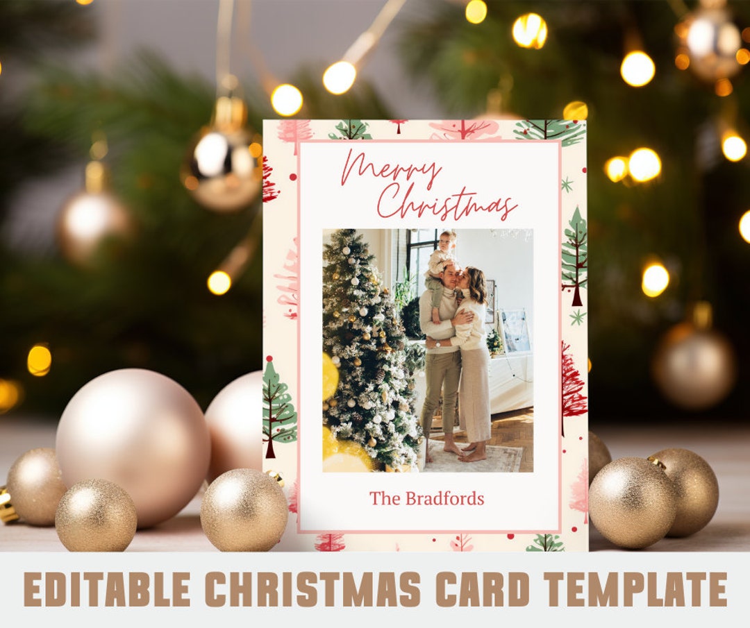 Editable Pink Christmas Card Template, Chistmas Card Template, Pink ...