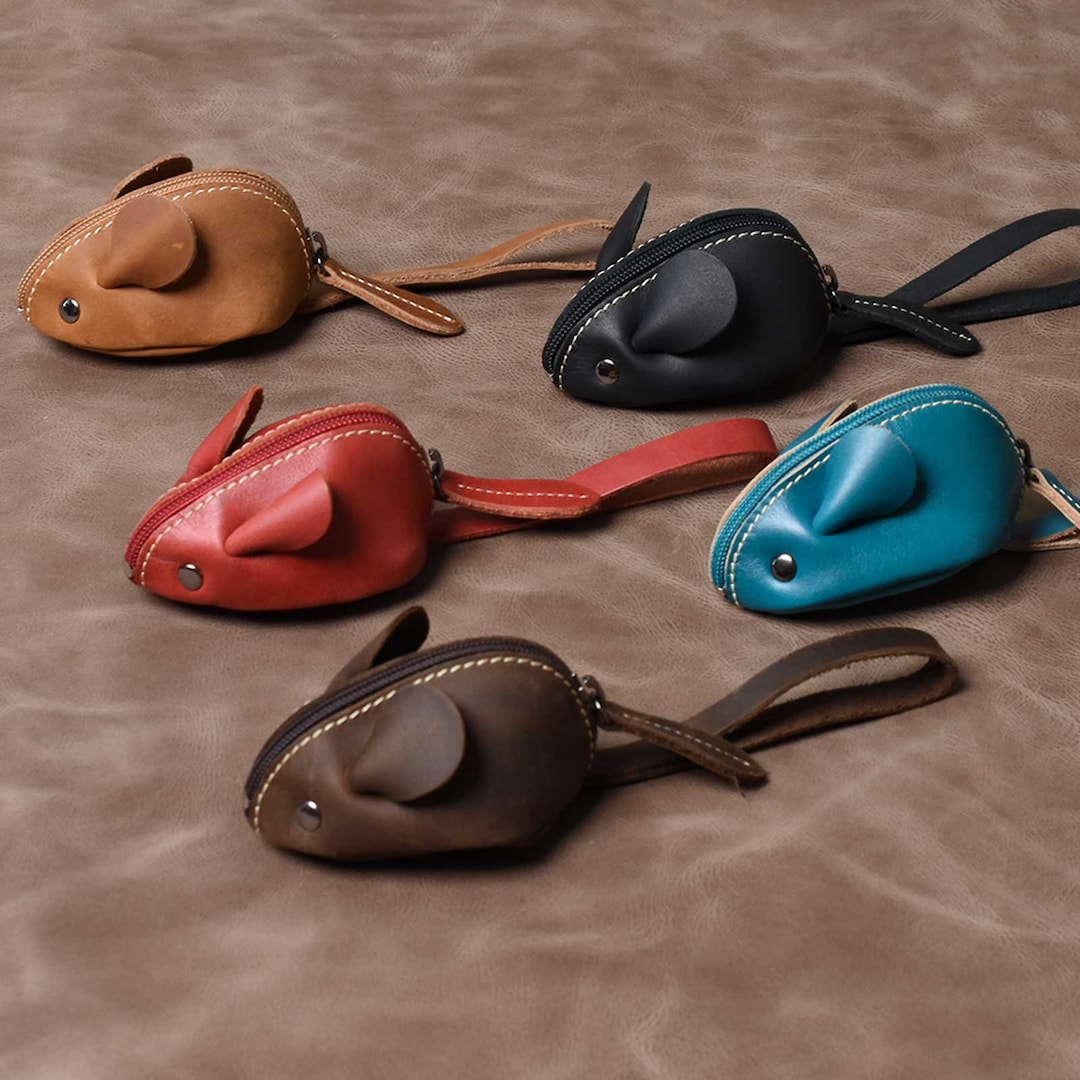 Leather Mouse Coin Purse, Leather Zipper Keychain, Handmade Coin Purse ...
