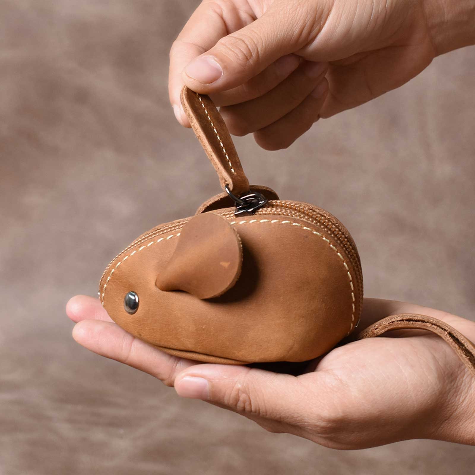 Leather Mouse Coin Purse Leather Zipper Keychain Handmade | Etsy