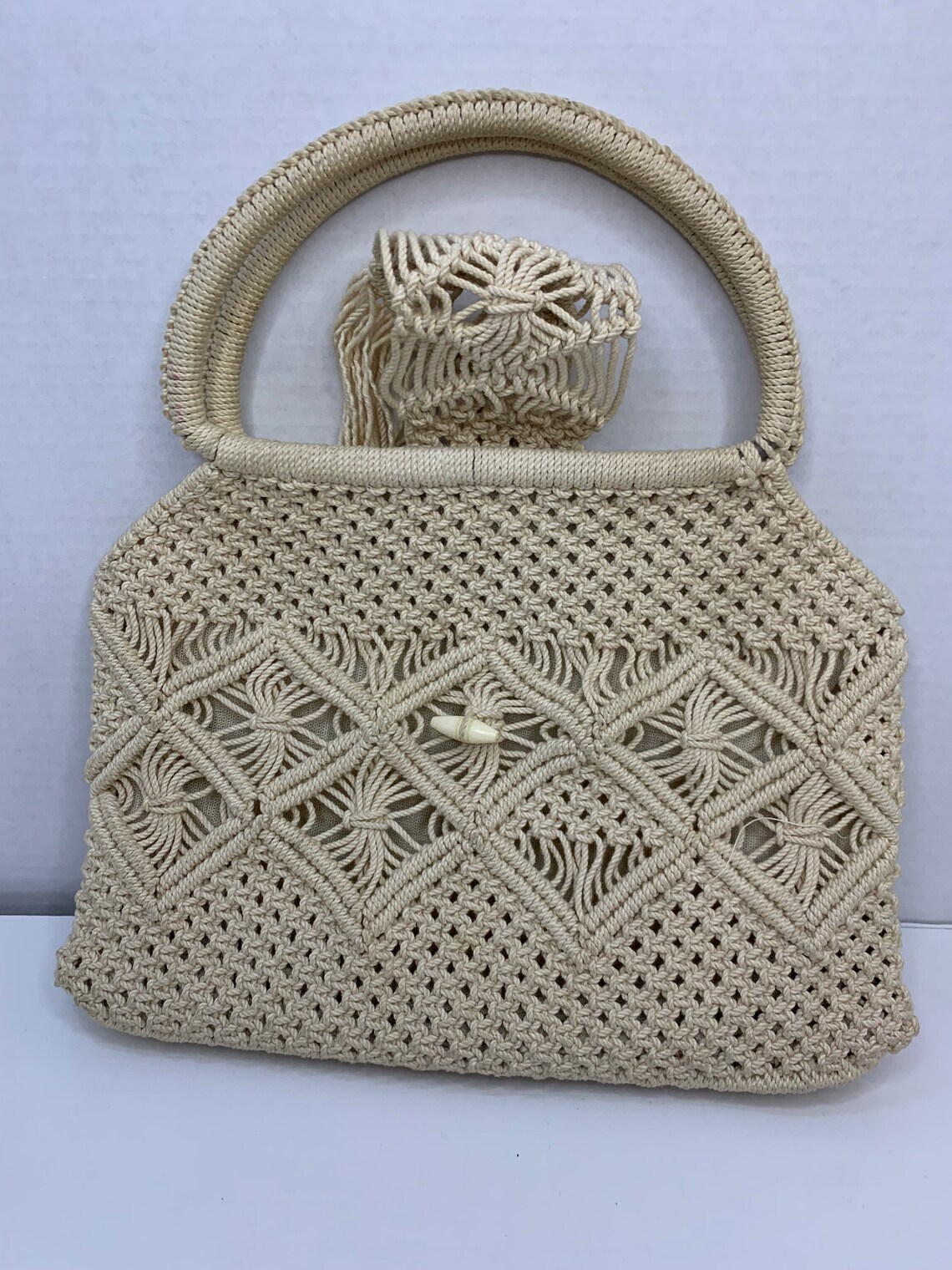 Macrame Handbag Purse All Natural Fiber Button Clasp and Single Pocket ...