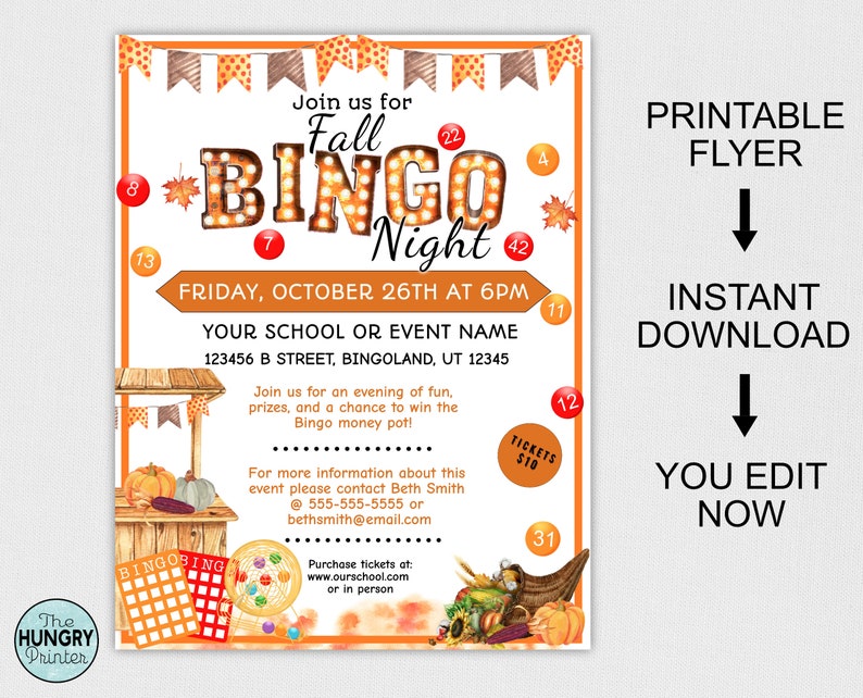 Fall Bingo Template, Bingo Night Flyer, Bingo Fundraiser Flyer, Bingo Invitation, School Bingo ...