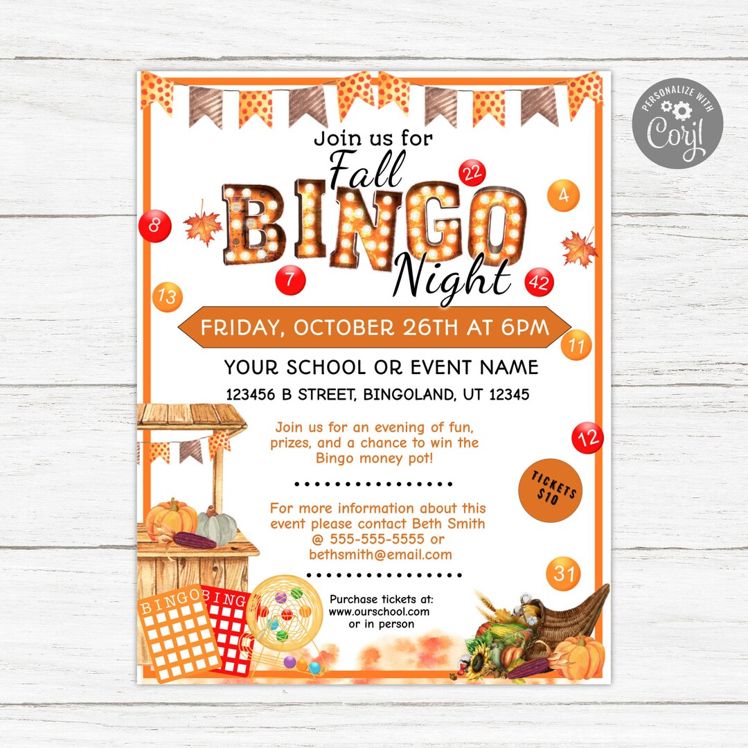 Fall Bingo Template, Bingo Night Flyer, Bingo Fundraiser Flyer, Bingo ...
