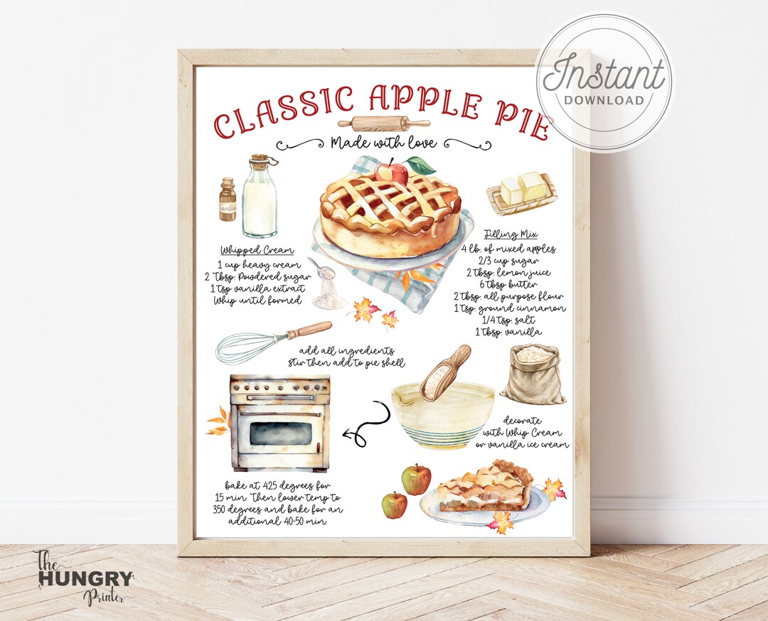 Apple Pie Print, Apple Pie Recipe, Pie Print, Thanksgiving Printable ...