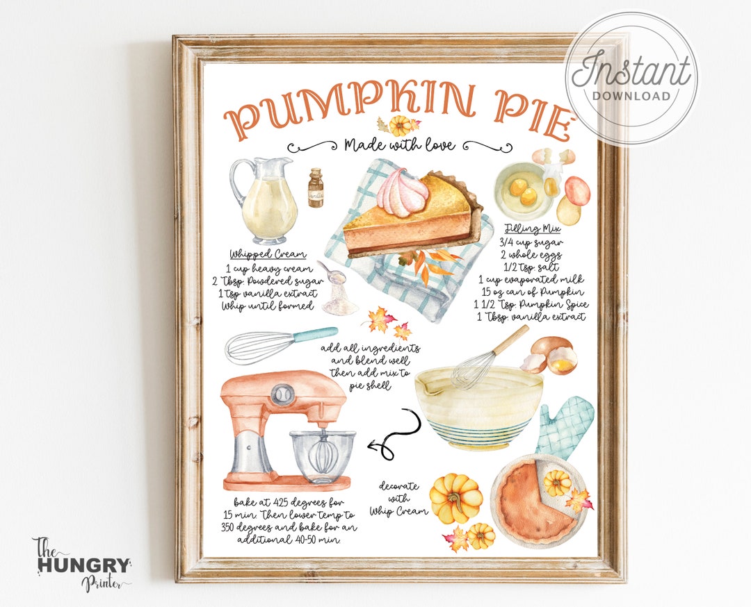 Pumpkin Pie Recipe, Pumpkin Pie Print, Pie Print, Thanksgiving ...