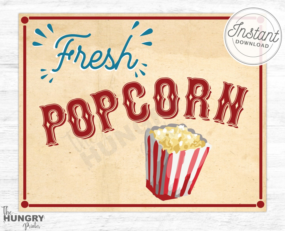Popcorn Sign Printable Popcorn Bar Sign Fresh Popcorn Sign | Etsy