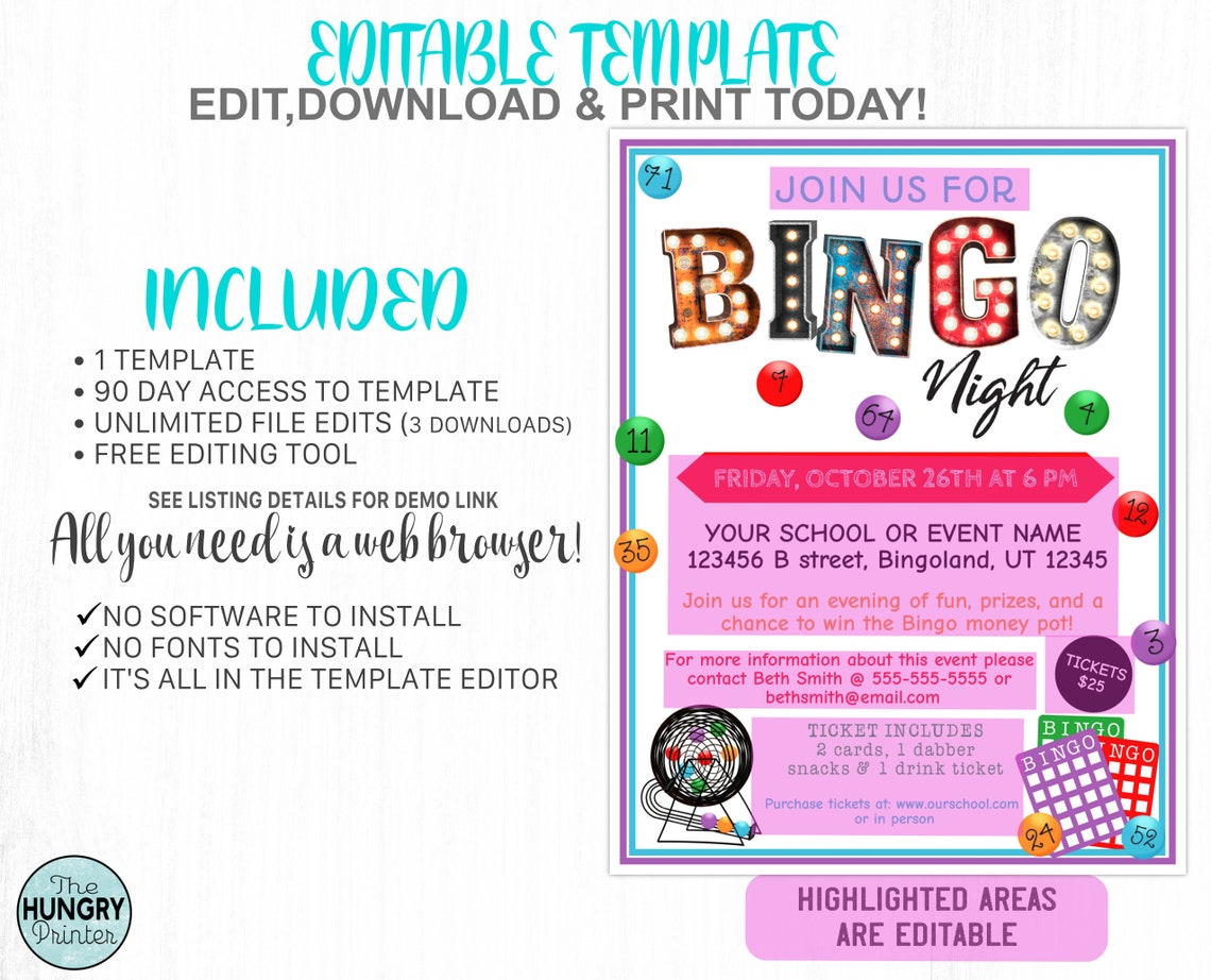 Bingo Night Flyer, School Fundraiser, PTO Event (PDF & Jpeg) - Etsy