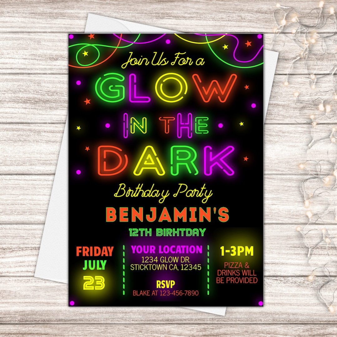 EDITABLE Birthday Invitation, Glow Birthday Invitation, Neon Glow ...