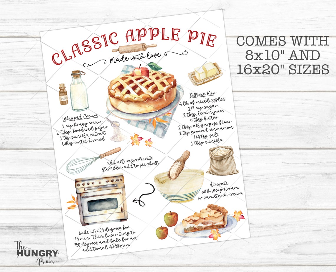 Apple Pie Print, Apple Pie Recipe, Pie Print, Thanksgiving Printable ...