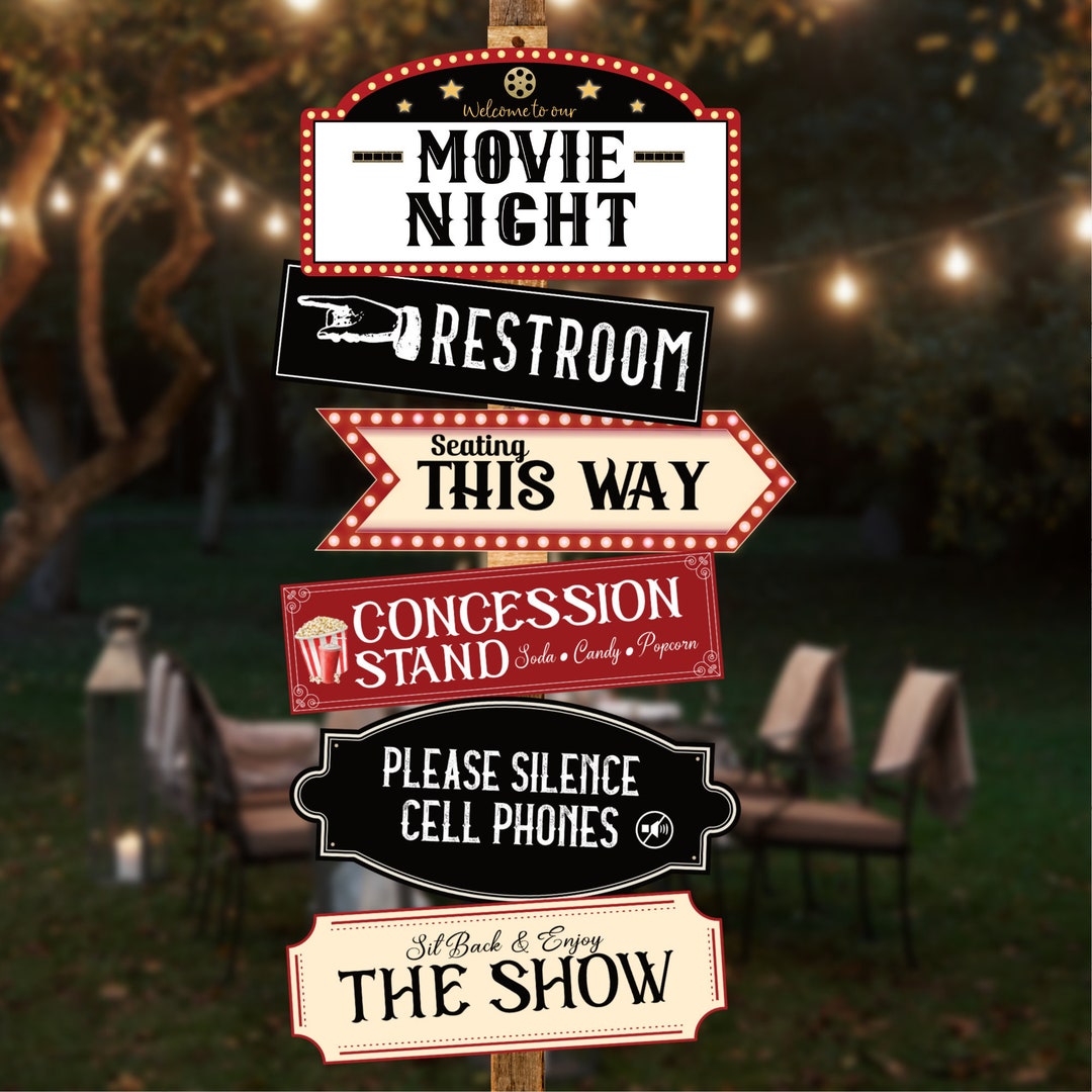 Movie Night Party Directional Sign, Movie Night Sign, Home Cinema Sign ...