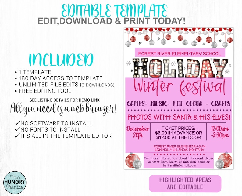 Editable Holiday Winter Festival Flyer, School Church Event (PDF & Jpeg ...