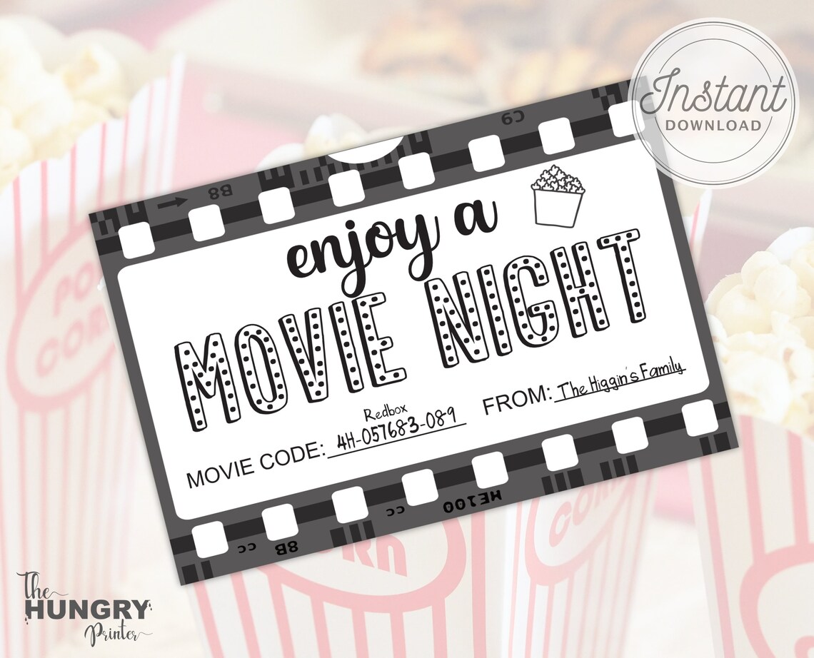 Movie Night Gift Tag Movie Night Tag Printable Movie Ticket - Etsy