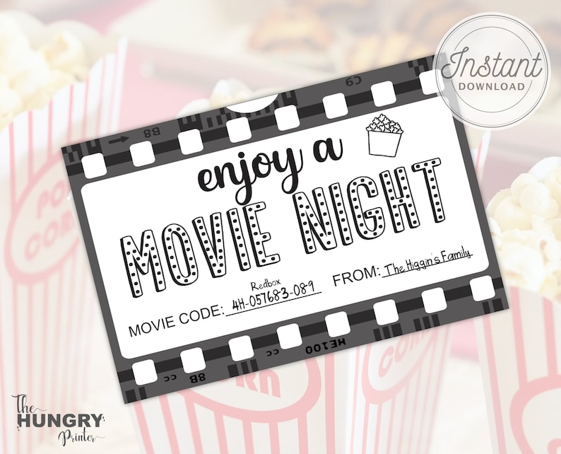 Movie Night Gift Tag Movie Night Tag Printable Movie Ticket - Etsy