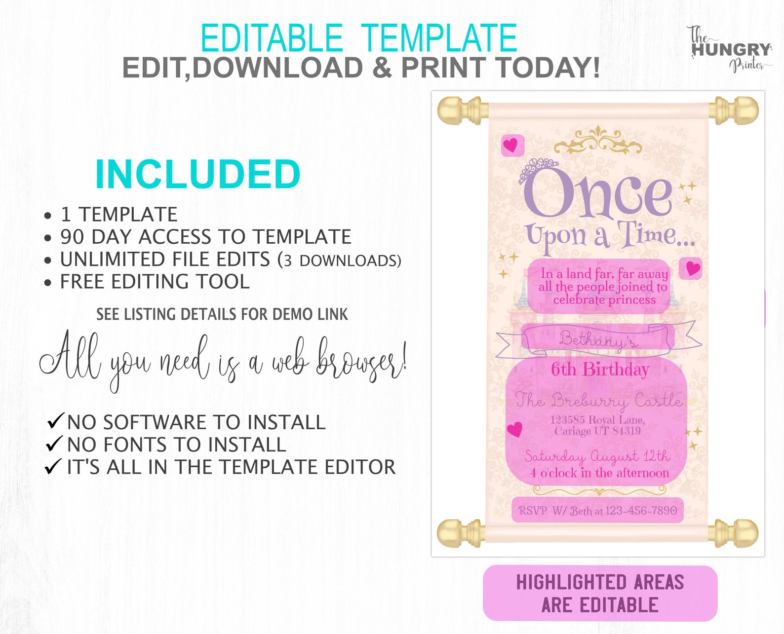 Princess Scroll Invitation Printabe Princess Invitation Gold - Etsy