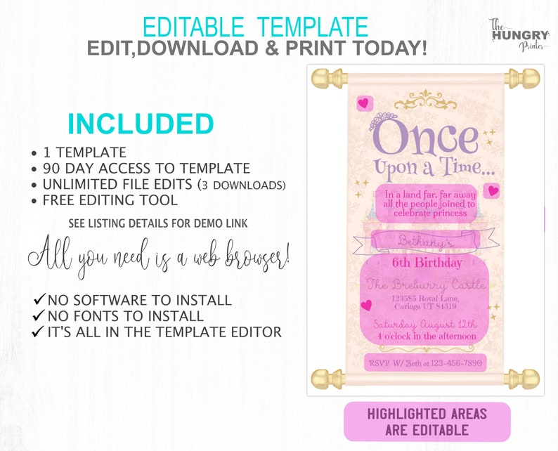 Printable Princess Birthday Invitation, Pink and Gold, Royal Scroll ...