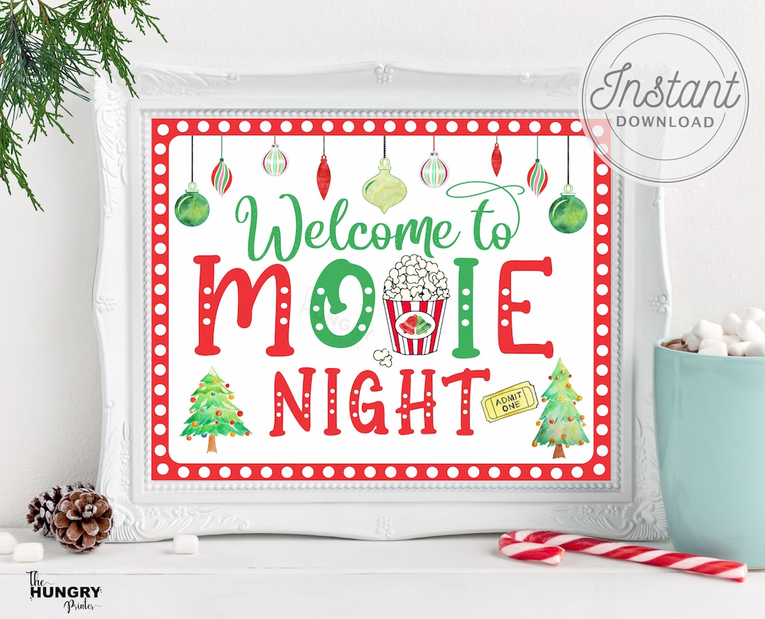 Christmas MOVIE Night Sign, Movie Night Sign, Popcorn Sign, Printable ...