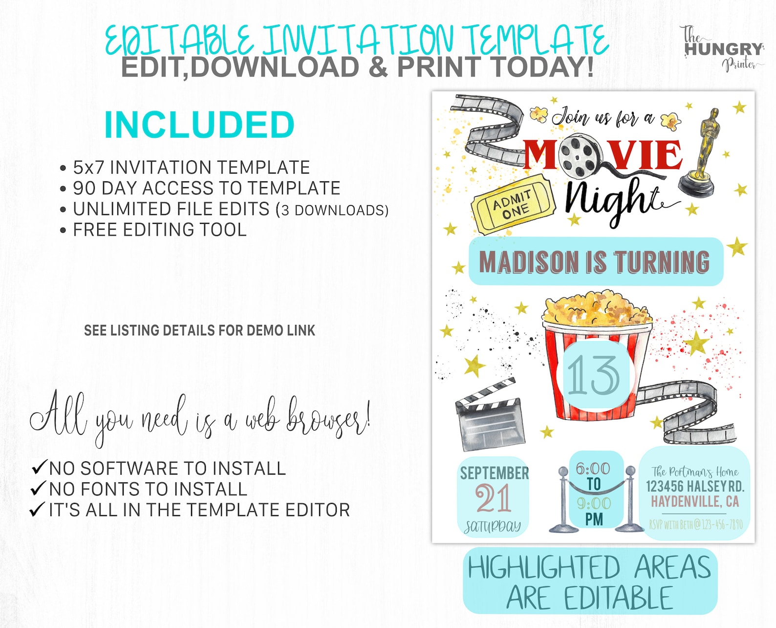 Editable Movie Night Invitation Movie Birthday Invitation - Etsy