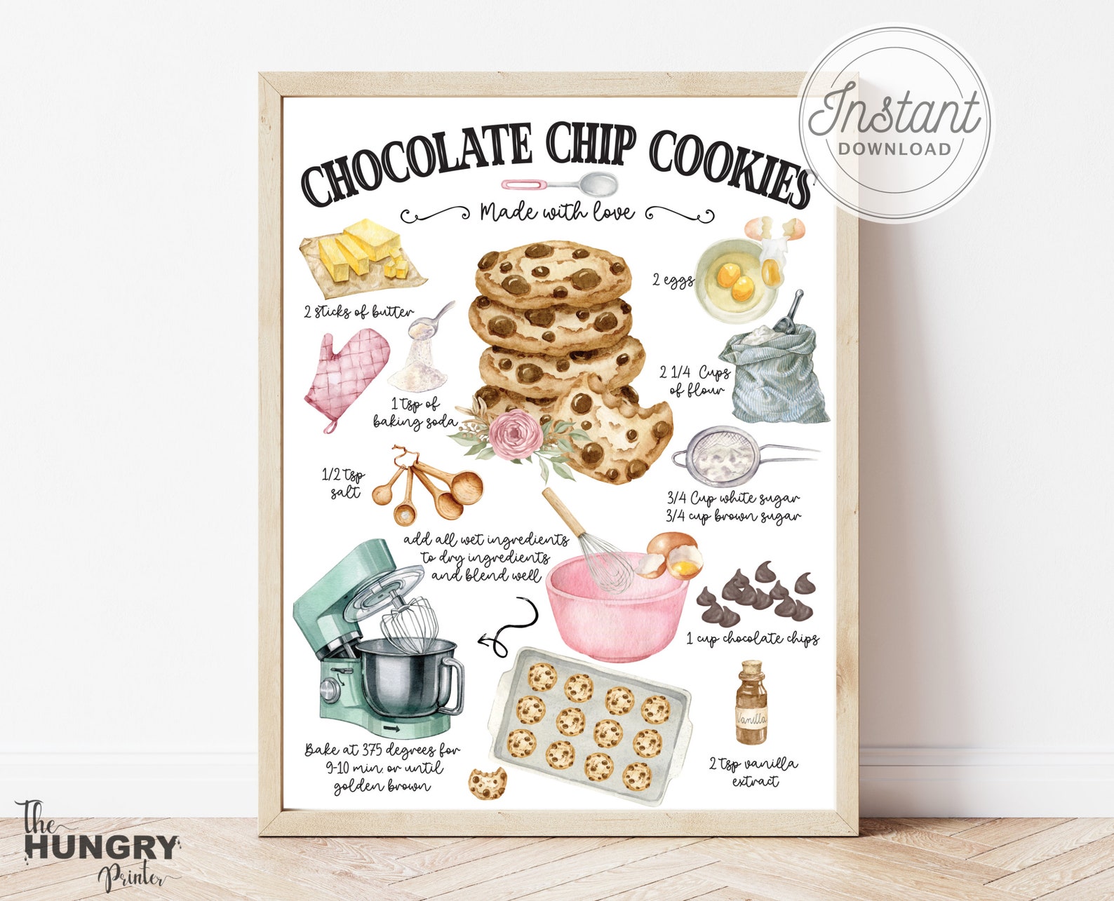 Chocolate Chip Cookie Print, Illustrated Recipe, Cookie Party, Cookie ...